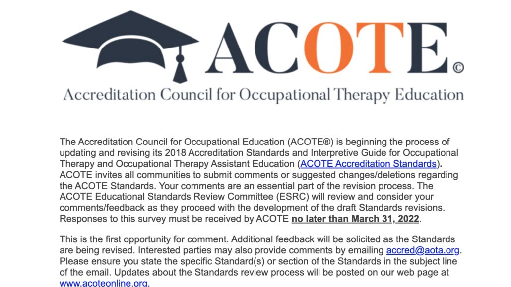 Give Comment to ACOTE for Education Standard on Integrative Health ...