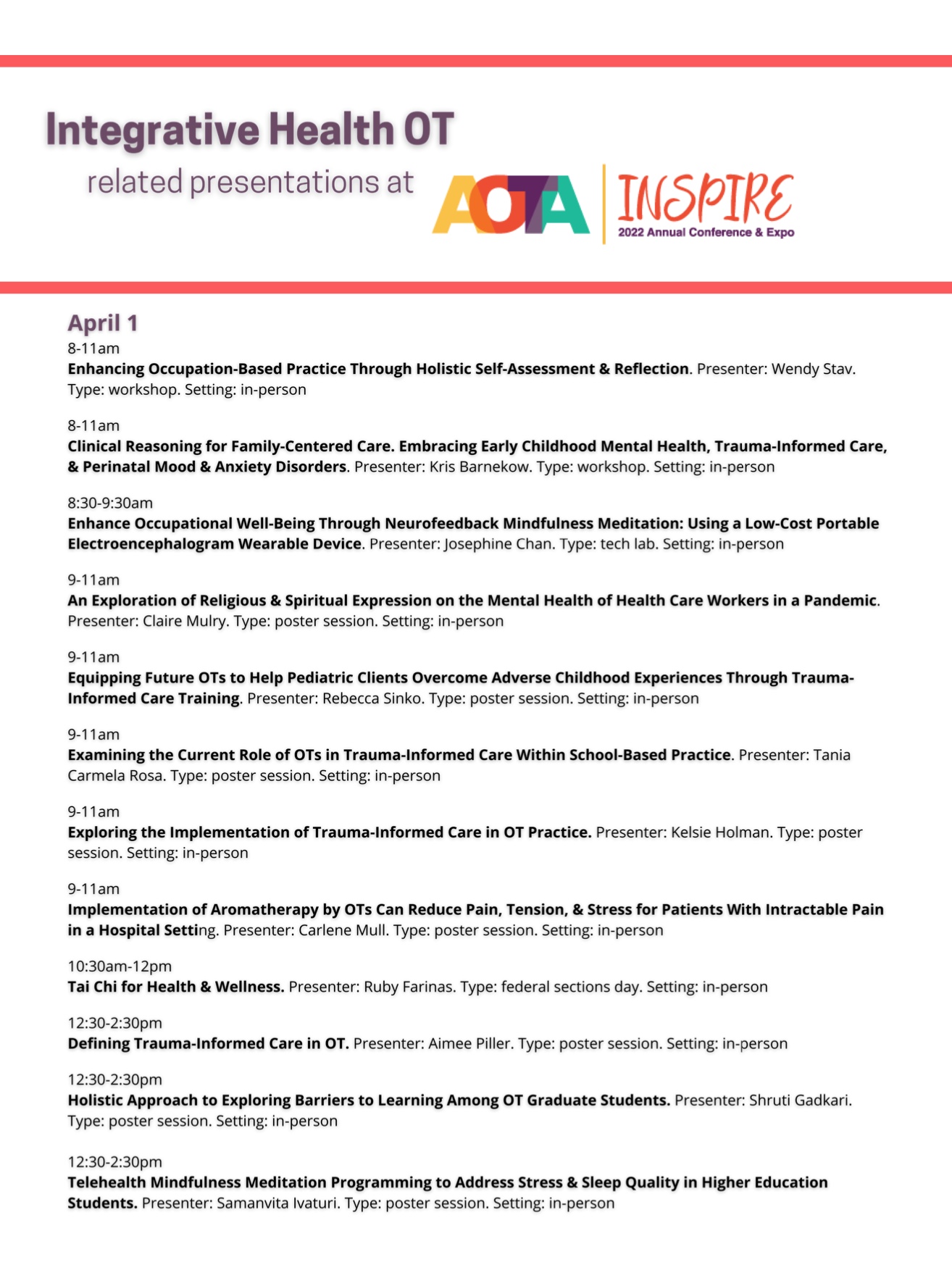 Integrative Health OT Presentations at AOTA Inspire 2022 | Holistic ...