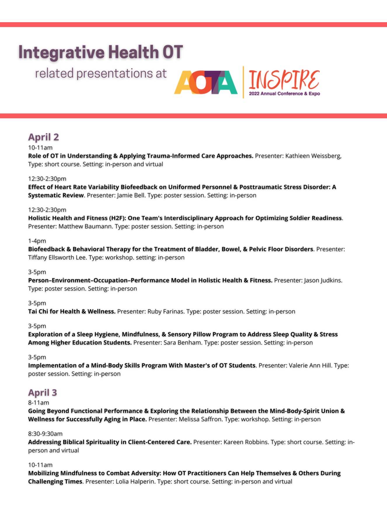 Integrative Health OT Presentations at AOTA Inspire 2022